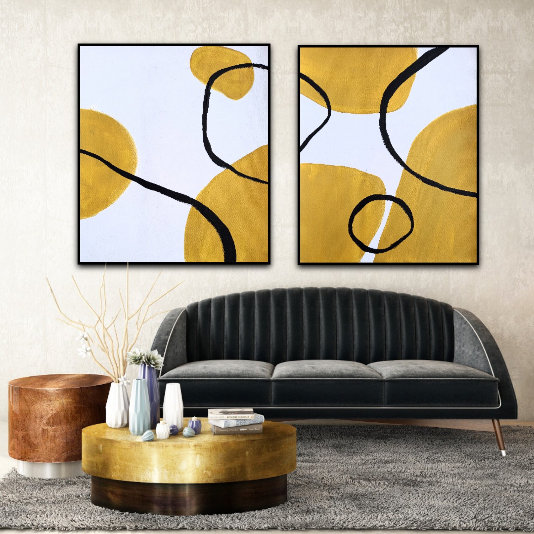 Set of Two Wall Art, Mustard Wall Art, Simple Artwork, Above Bed Decor ...