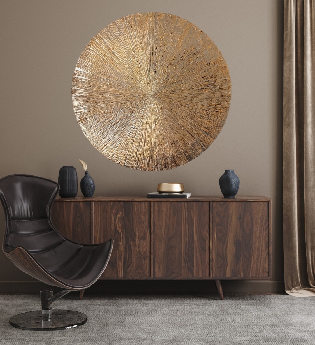 Rustic Metal Wall Art, Gold Foil Painting, Round Wall Art, Gold Metal ...