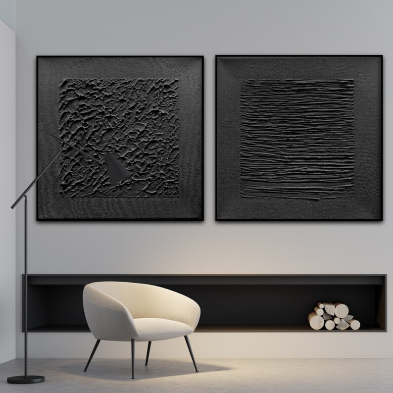 Black Plaster Wall Art, Abstract Painting Set of 2, Large Black Texture ...