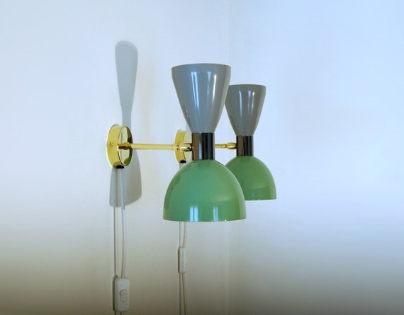 Applique / Wall Lamp PLUG IN Grey / Light GREEN Metal and | Etsy