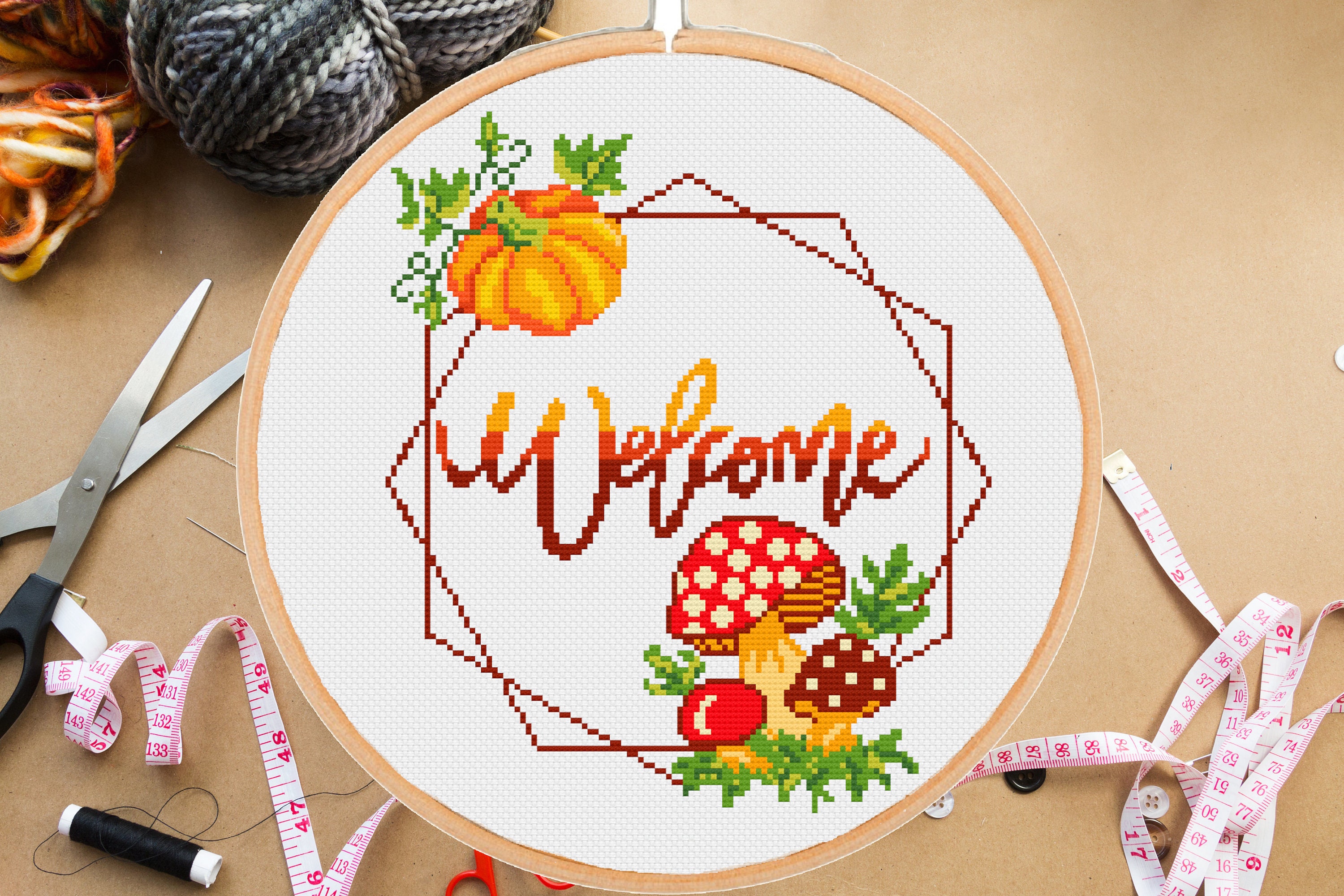 Welcome Cross Stitch Pattern Modern Pumpkin Mushroom - Etsy