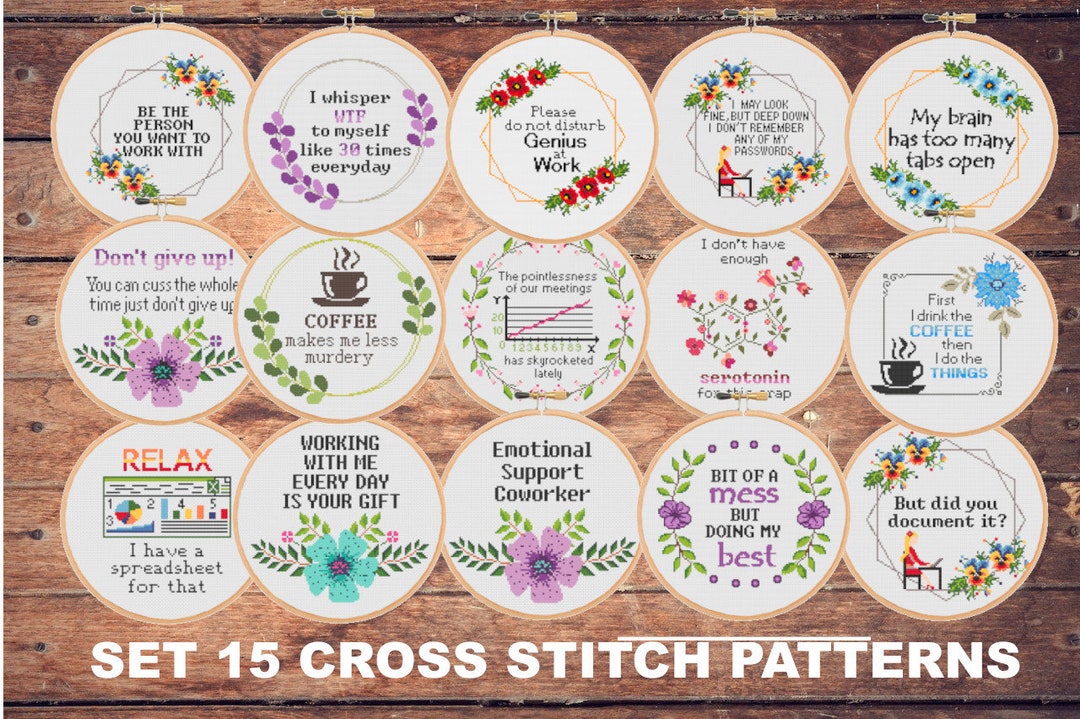 Set Bundle of 15 Five Funny Office Cross Stitch Patterns Coworker ...