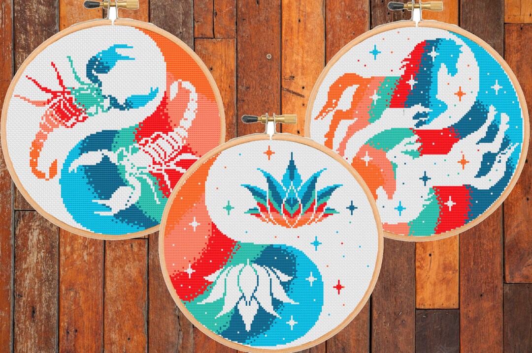 3 Yin Yang Cross Stitch Patterns Set: Small Bundle Lotus, Horse ...