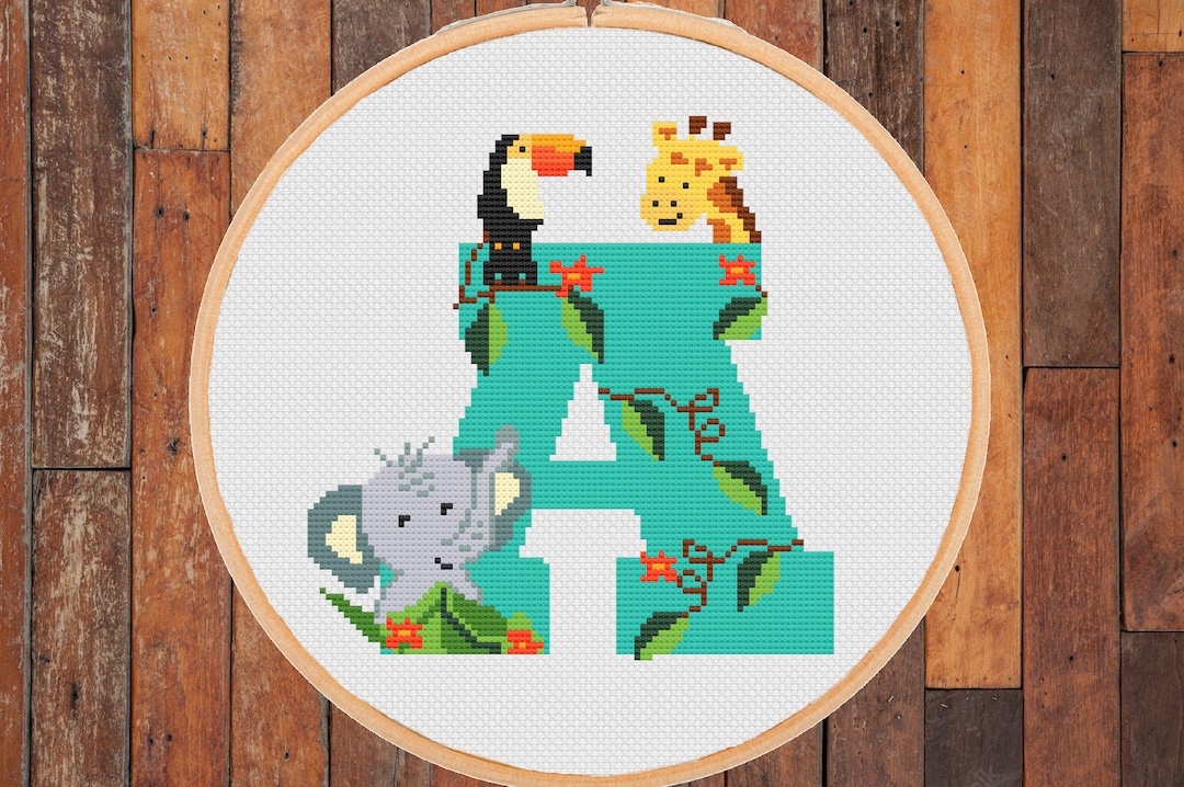 Monogram Letter A Cross Stitch Pattern: Safari Animals Baby Nursery ...