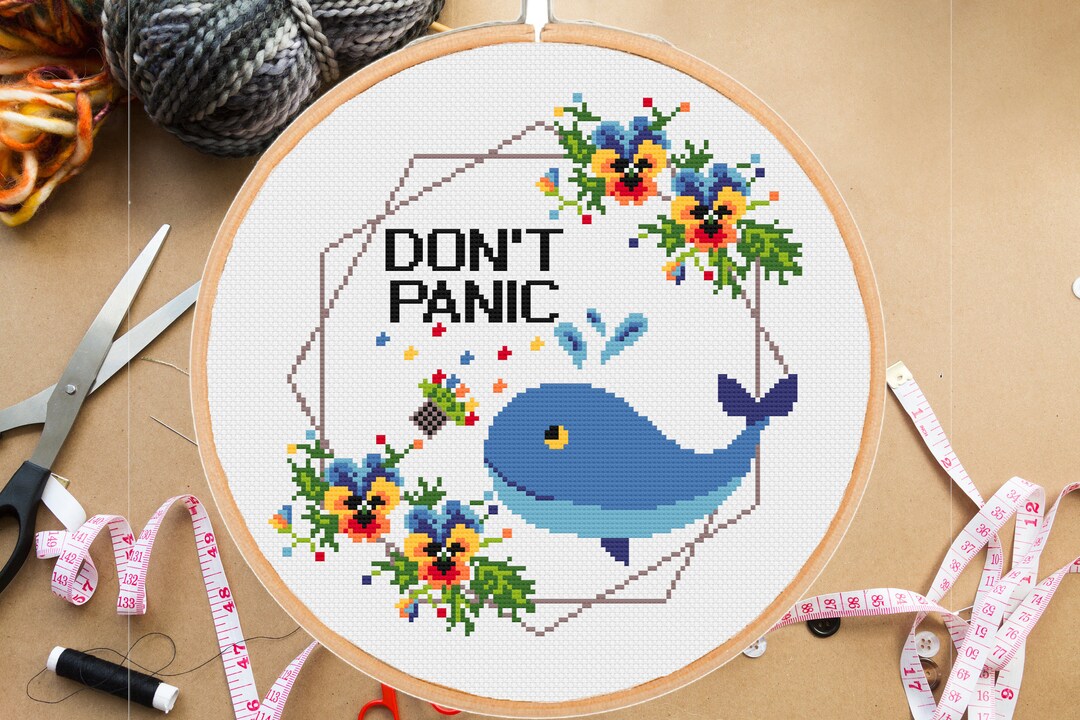 Don't Panic Cross Stitch Pattern Hitchhiker's Guide to the Galaxy Modern Whale -instant Pdf ...