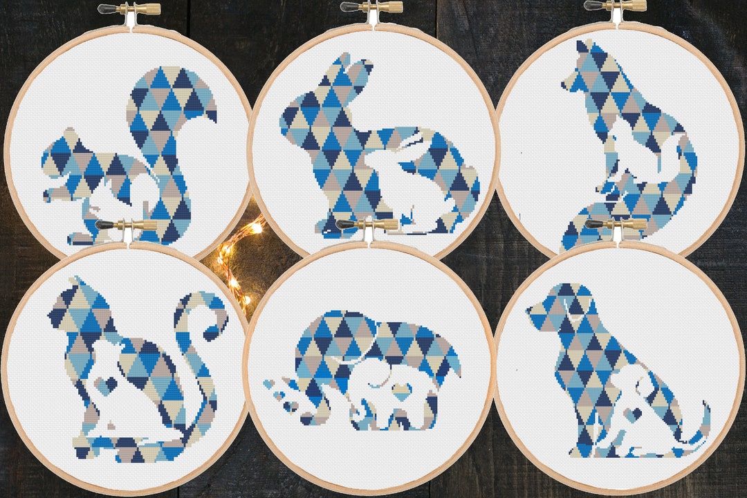 6 Geometric Animals Cross Stitch Pattern Set: Small Bundle Rabbit Dog ...