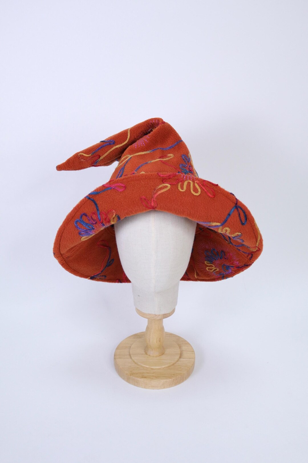 Handcrafted Rust-orange Witch Hat With Vibrant Embroidery and Floppy ...