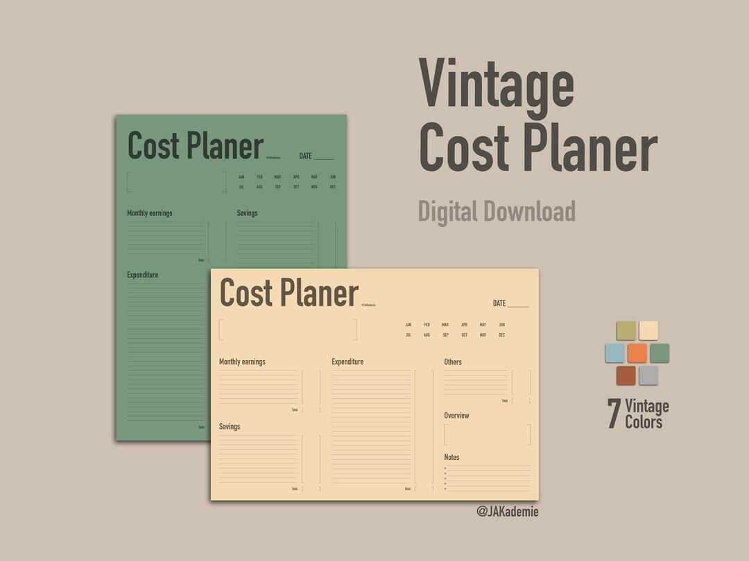 Vintage Cost Planner, Printable, Revenue Expense Planner, Seven Retro ...