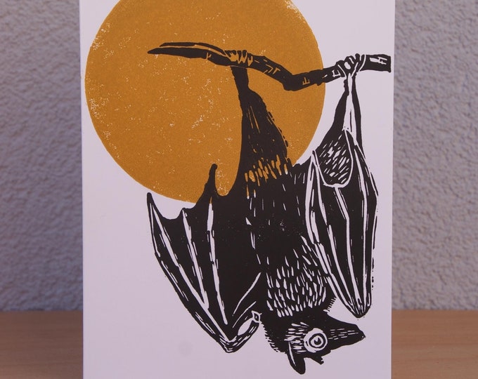 Bat and Moon Linocut Card - Etsy