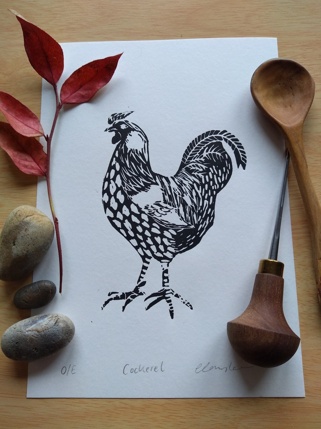 Cockerel Linocut Print. - Etsy