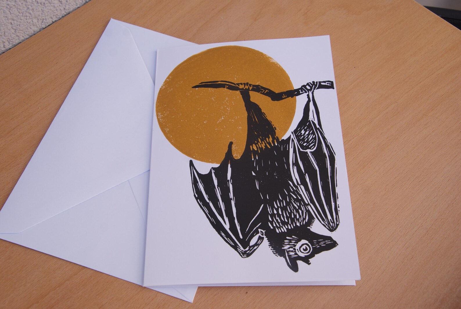 Bat and Moon Linocut Card - Etsy