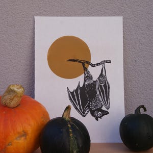 Bat and Moon Linocut Print. - Etsy