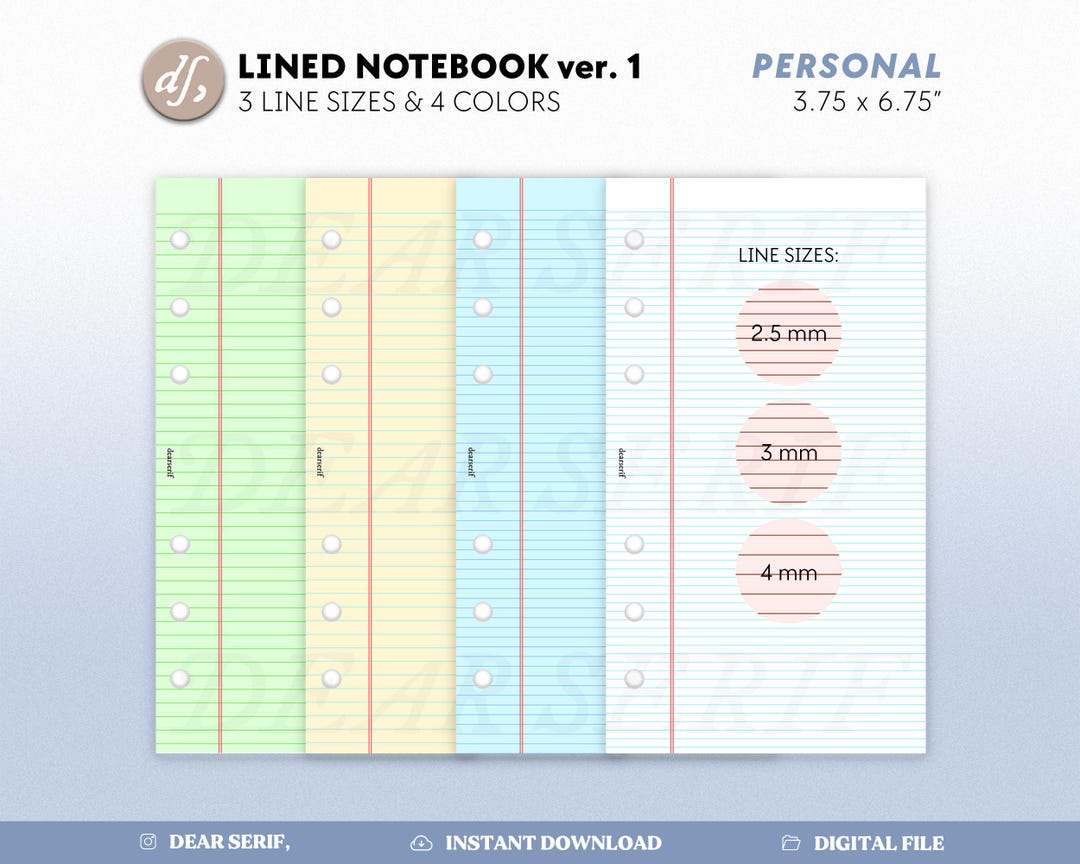DS Personal Lined Notebook Version 1 Planner Insert, Colored Lines ...