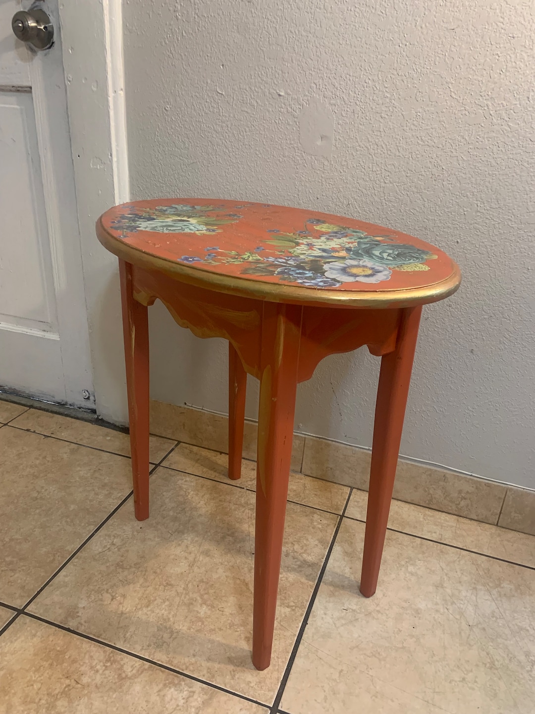 Vintage Wood End Table Side Table Oval W/flower Hand Painted Design - Etsy