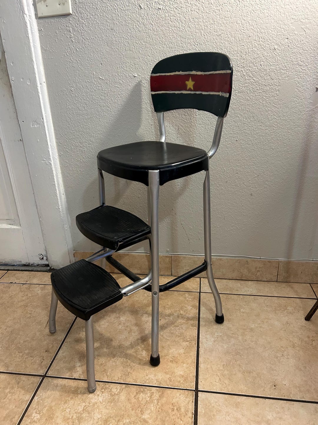 COSCO Vintage Stylaire Red Metal Fold Out Step Stool Chair Chrome Legs ...