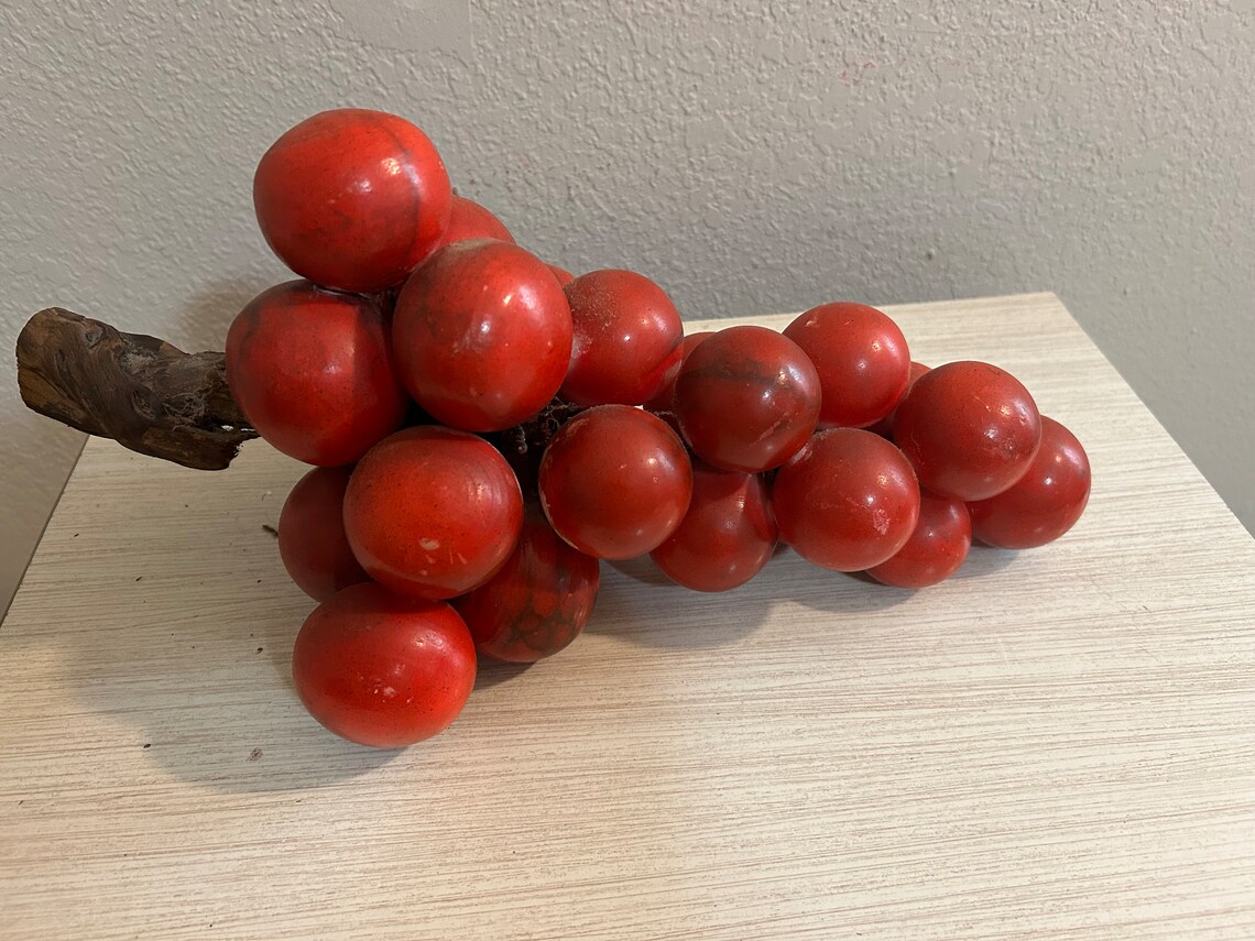 Italian Alabaster Red Stone Grape Cluster W/ Wood Stem 15" Vintage Mid ...