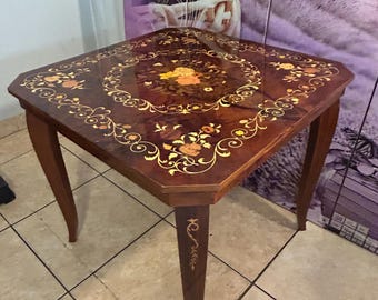 Antique Wooden Inlay Intarsia Burl Wood Handmade Table - Music Box ...