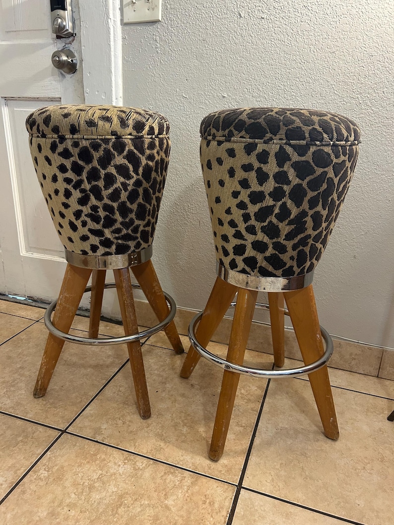 Vintage Swivel Mid-century Modern Faux Leopard Bar Stools Set of 2 - Etsy