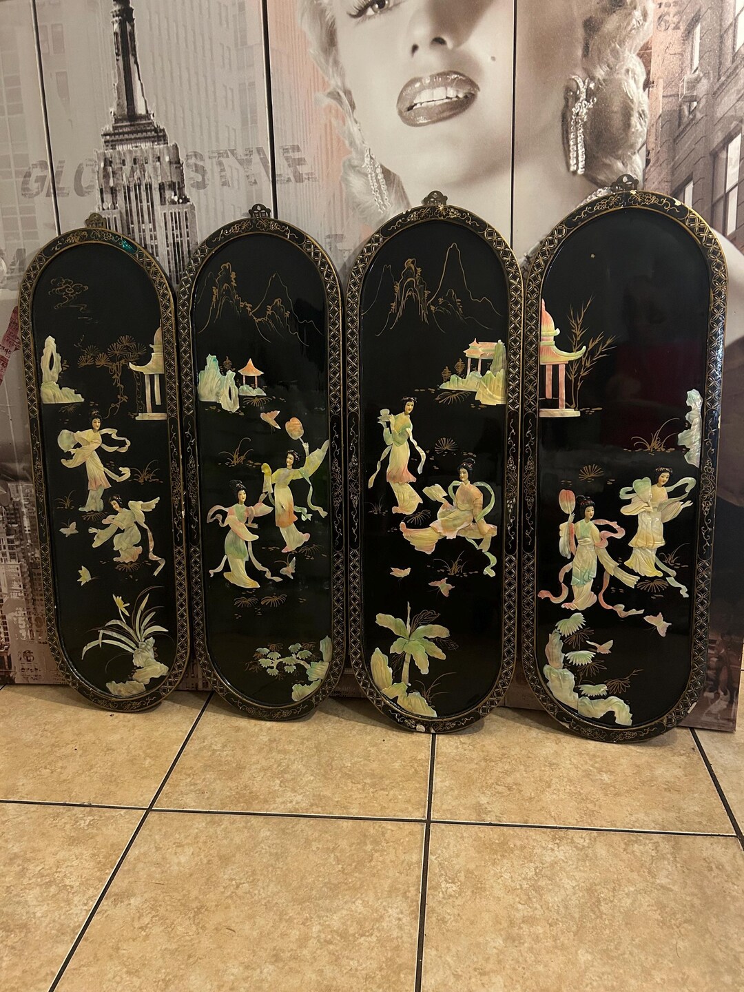 Vintage 4 Asian Chinese Wall Panels With Black Locker Figuring - Etsy