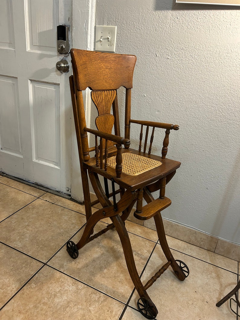 Antique Oak High Chair and Stroller Combination Chair W/ Wicker Seat - Etsy