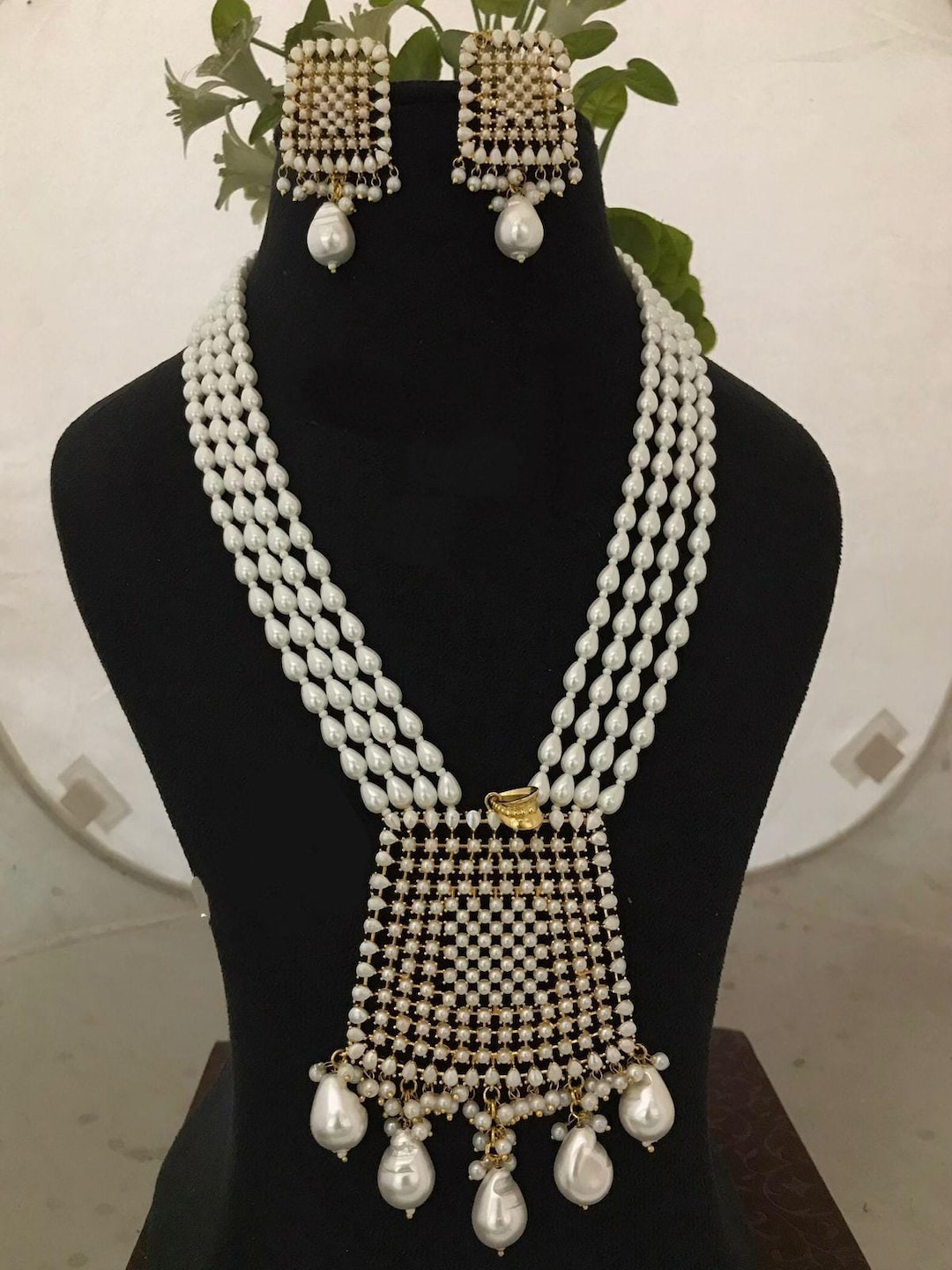 Pearl Mala Set: Brass Indian Necklace and Earrings - Etsy