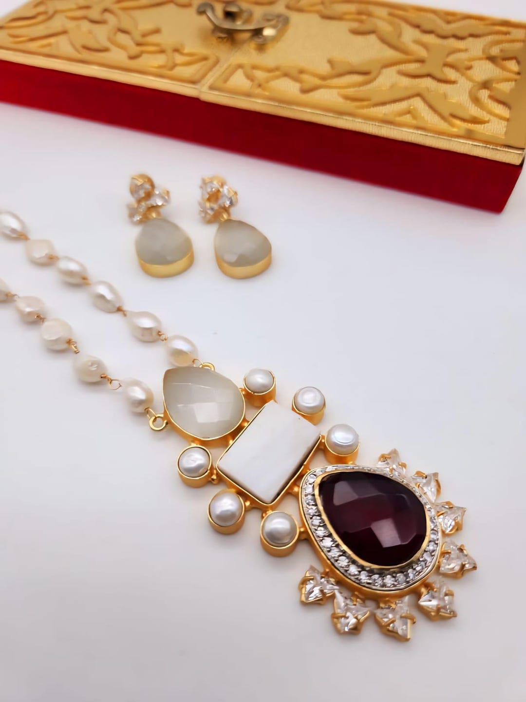 Pearl Long Necklace: Antique Indian Mala Set, Brass Earrings - Etsy