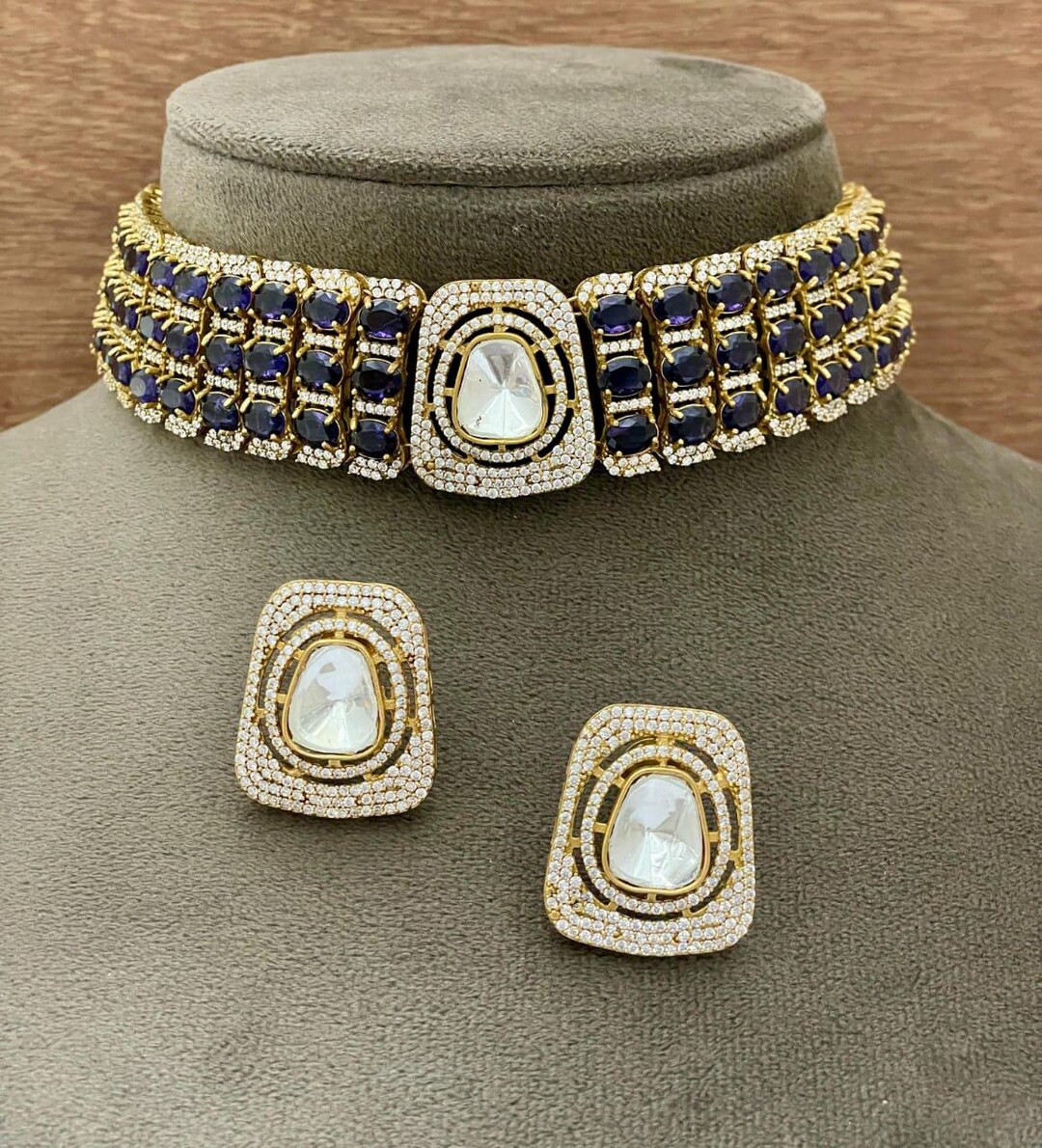 Blue Kundan Polki Choker: Indian Wedding Jewelry Set - Etsy