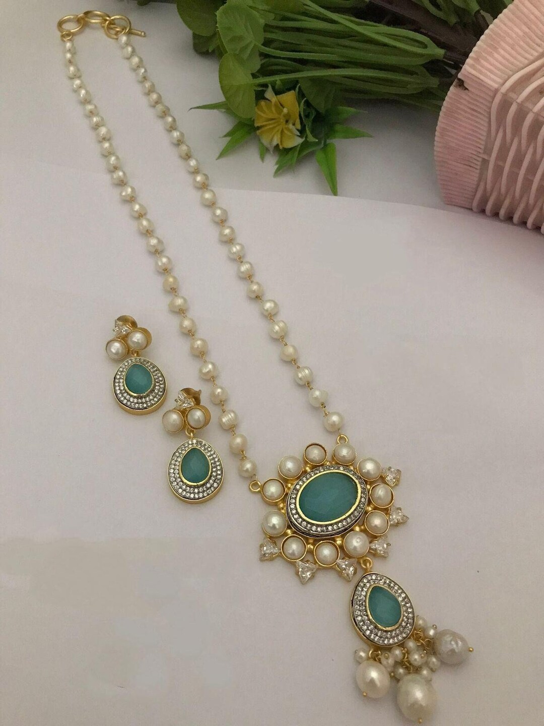 Pearl Mala Set: Indian Brass Necklace & Earrings - Etsy