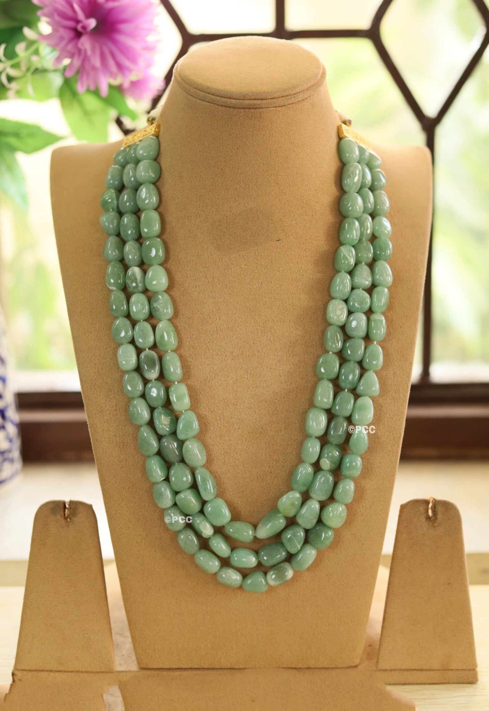 Real Jade Stone Sea Green Three Layer Mala Set,sabyasachi Necklace ...