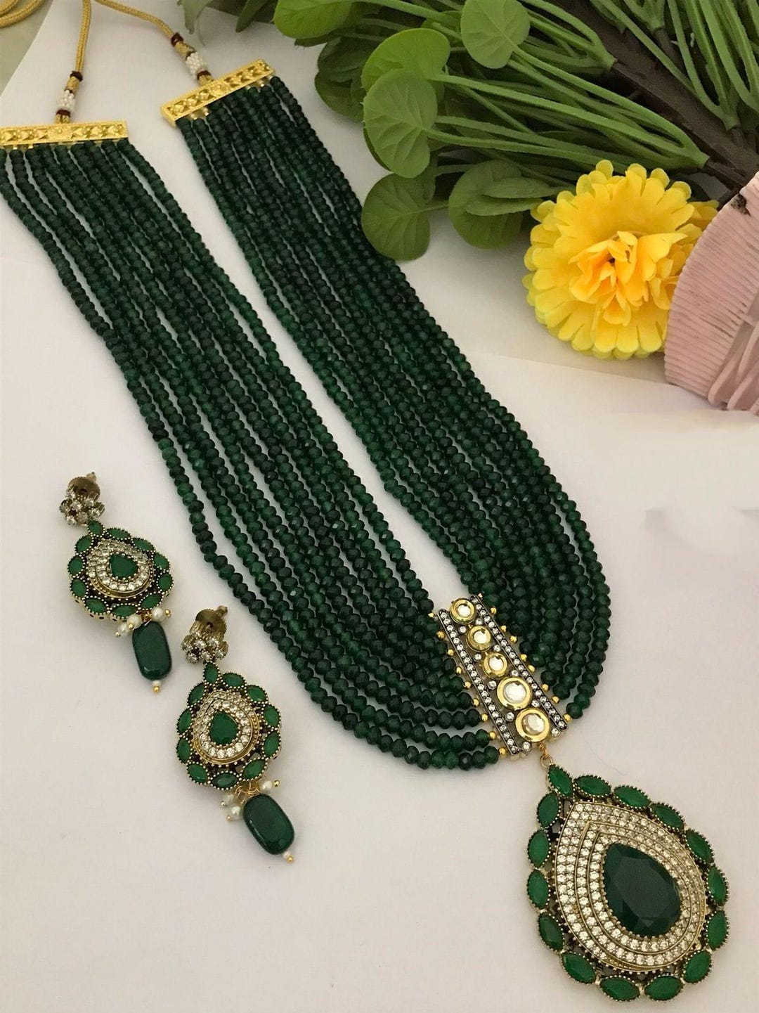 Emerald Long Kundan Stone Necklace,polki Necklace , Bridal Necklace, Jaipuri Necklace, Indian ...