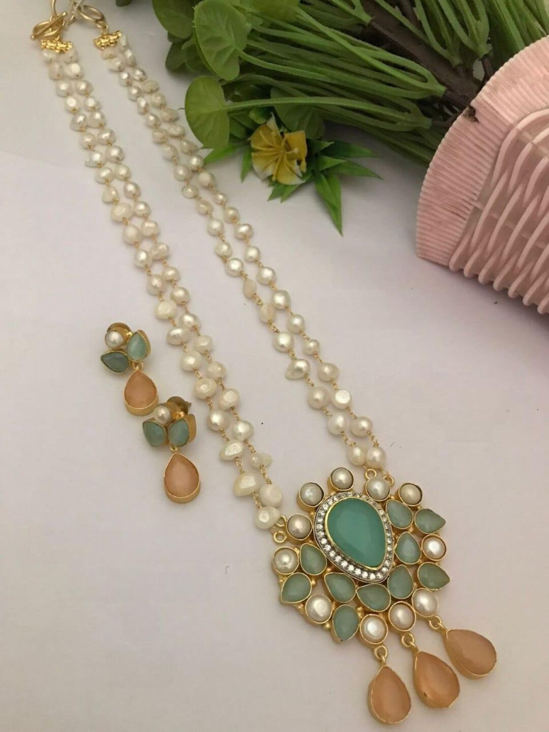 Pearl Mala Set: Antique Indian Necklace With Brass Earrings - Etsy UK