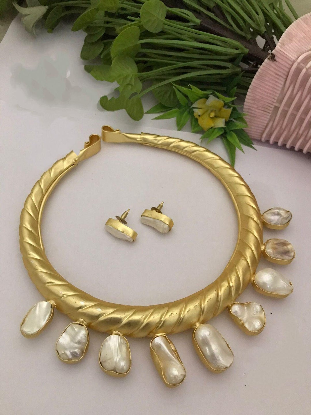 Handmade Pearl Hasli: Indian Brass Necklace Set - Etsy