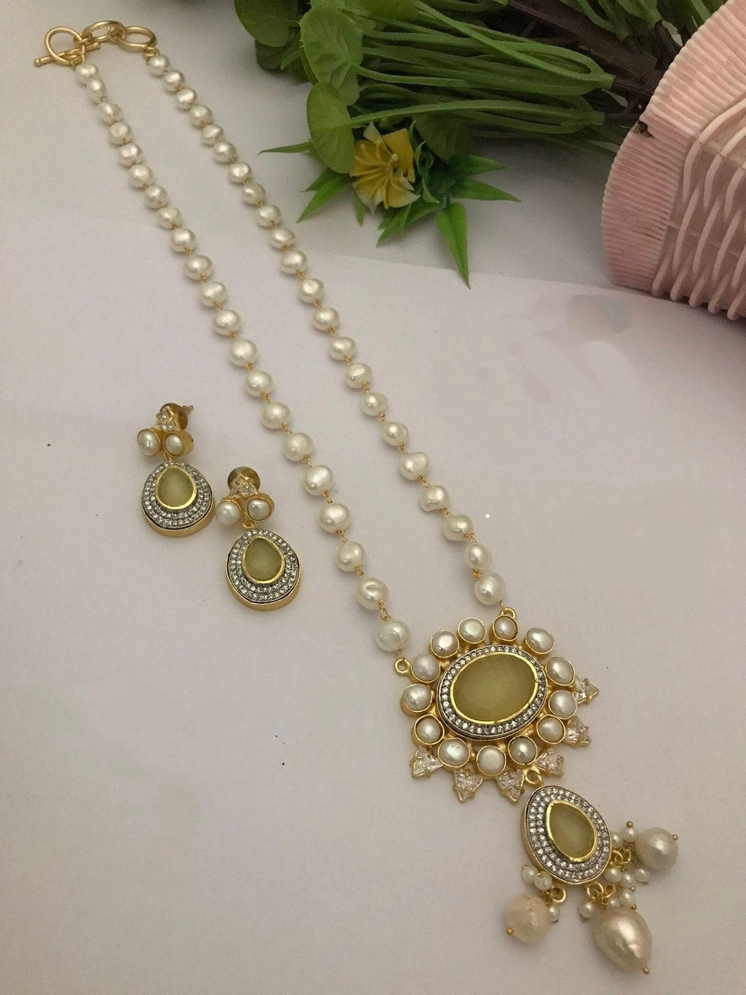 Pearl Mala Set: Antique Indian Necklace With Brass Earrings - Etsy