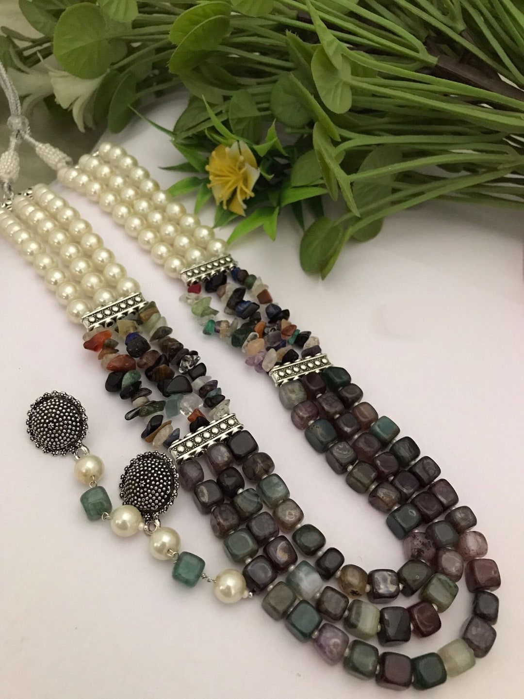 Three-layer Stone Mala Set: Brass Indian Necklace With Earrings - Etsy