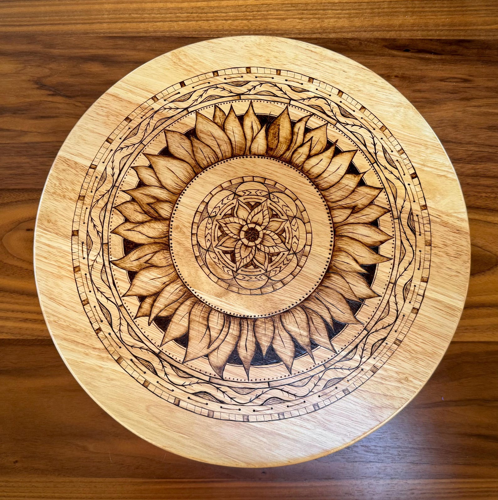 Handcrafted Lazy Susan | Wood Burned Sunflower Mandala Design ...