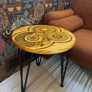 Round End Table - Wood Burned, Pyrography Mandala Design, Honeycomb - Etsy