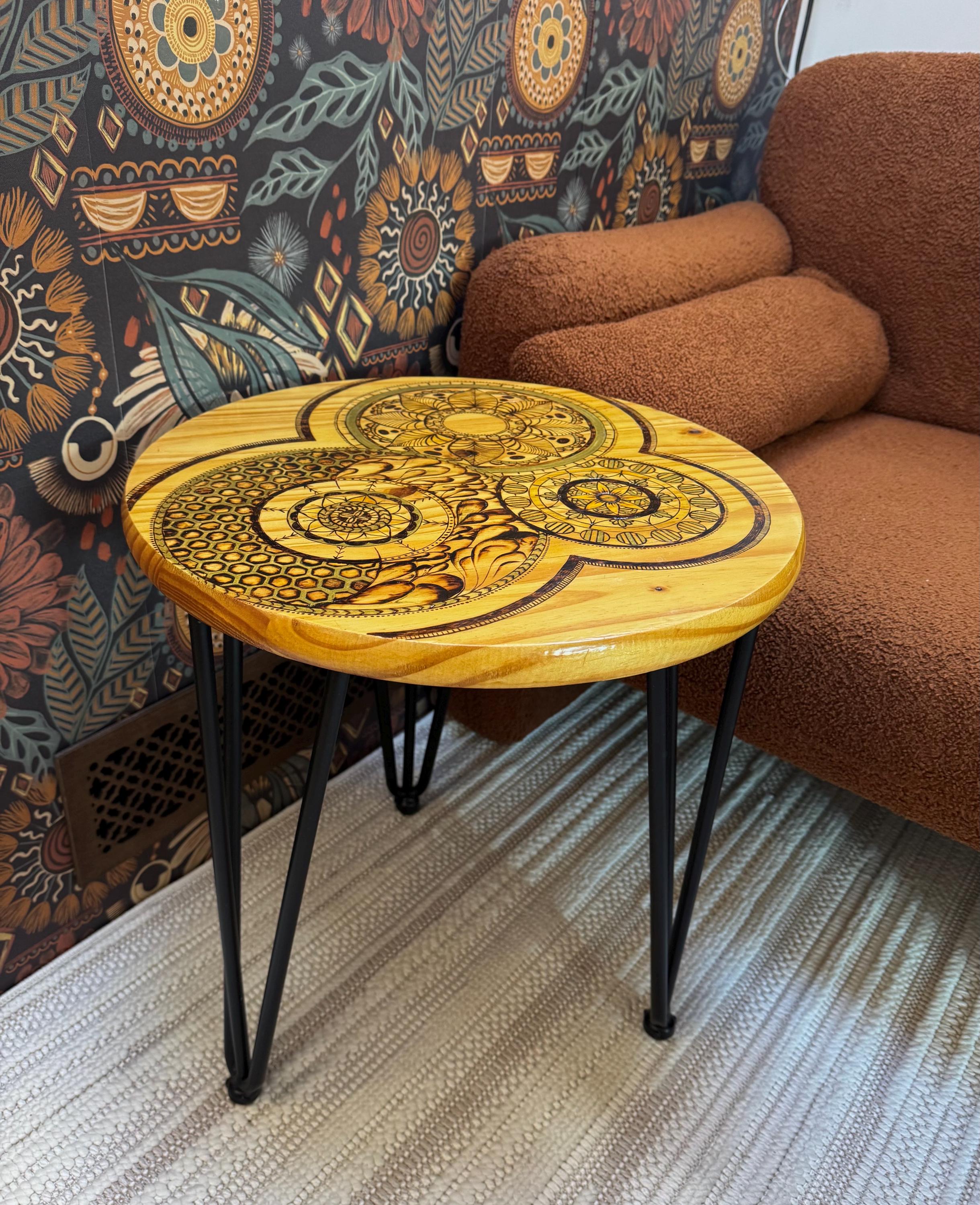 Round End Table - Wood Burned, Pyrography Mandala Design, Honeycomb - Etsy