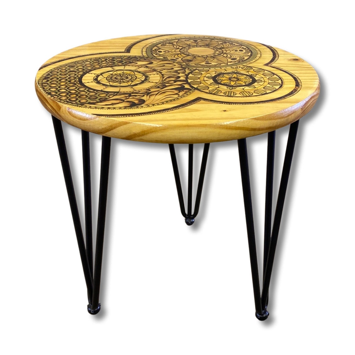 Round End Table - Wood Burned, Pyrography Mandala Design, Honeycomb - Etsy