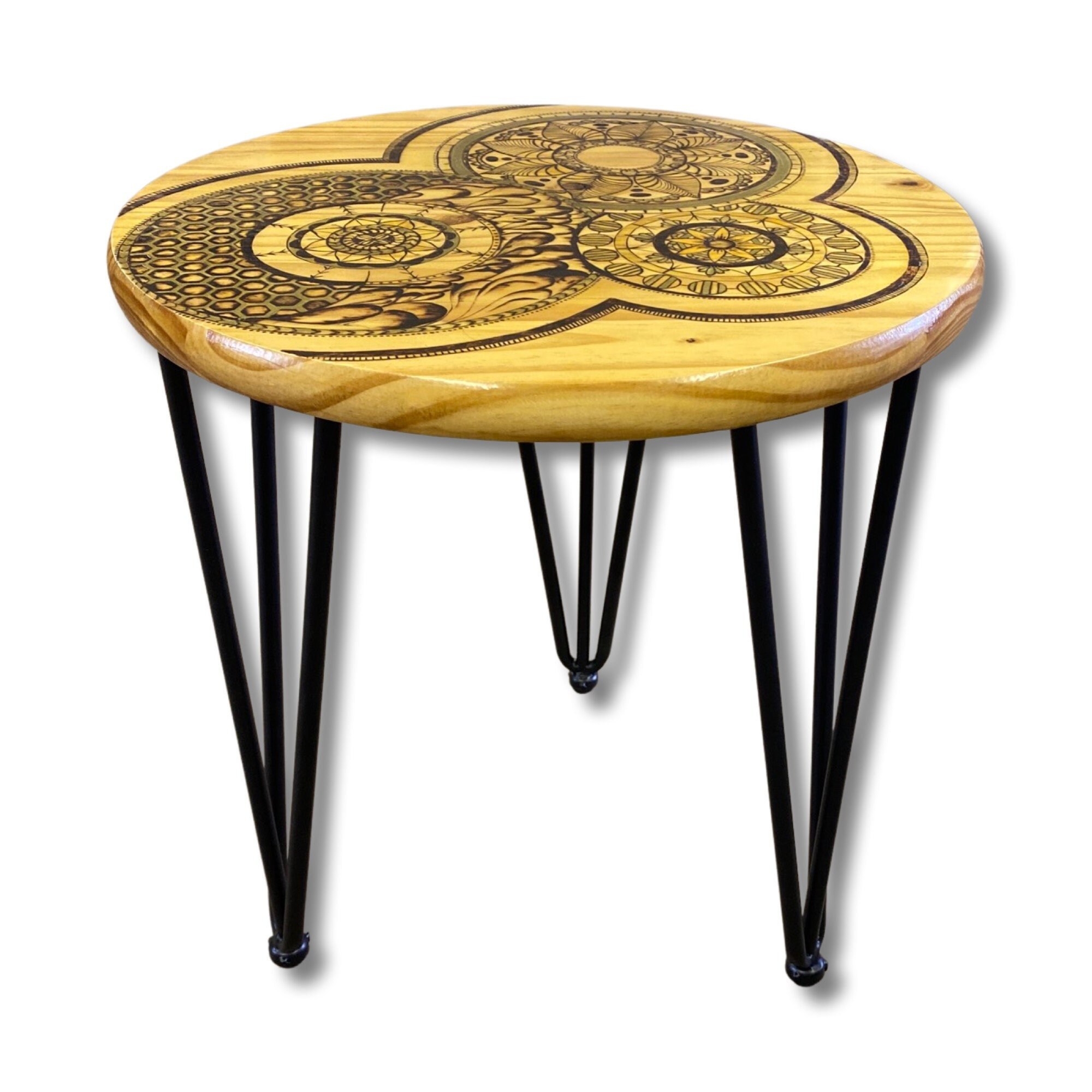Round End Table - Wood Burned, Pyrography Mandala Design, Honeycomb - Etsy