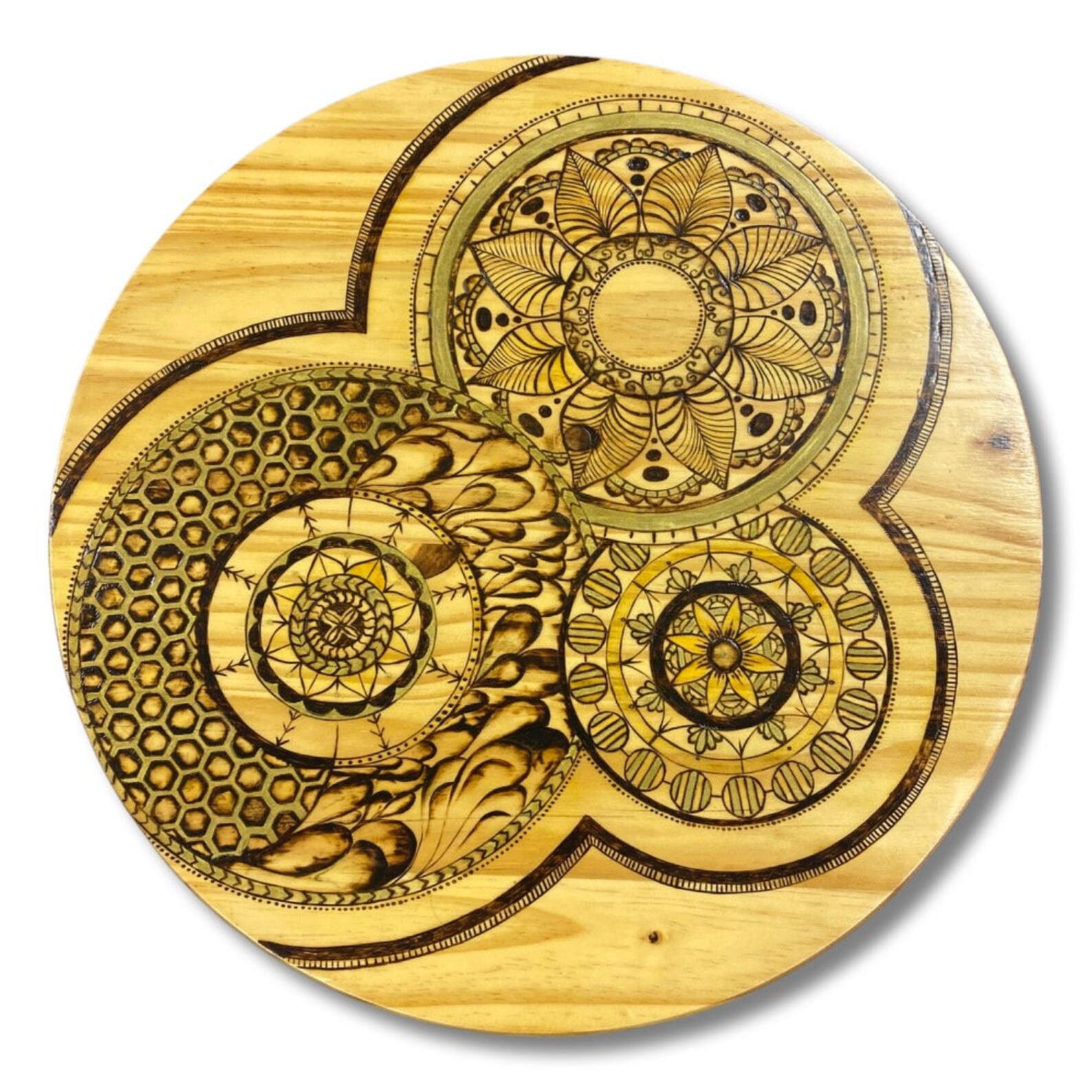 Round End Table - Wood Burned, Pyrography Mandala Design, Honeycomb - Etsy
