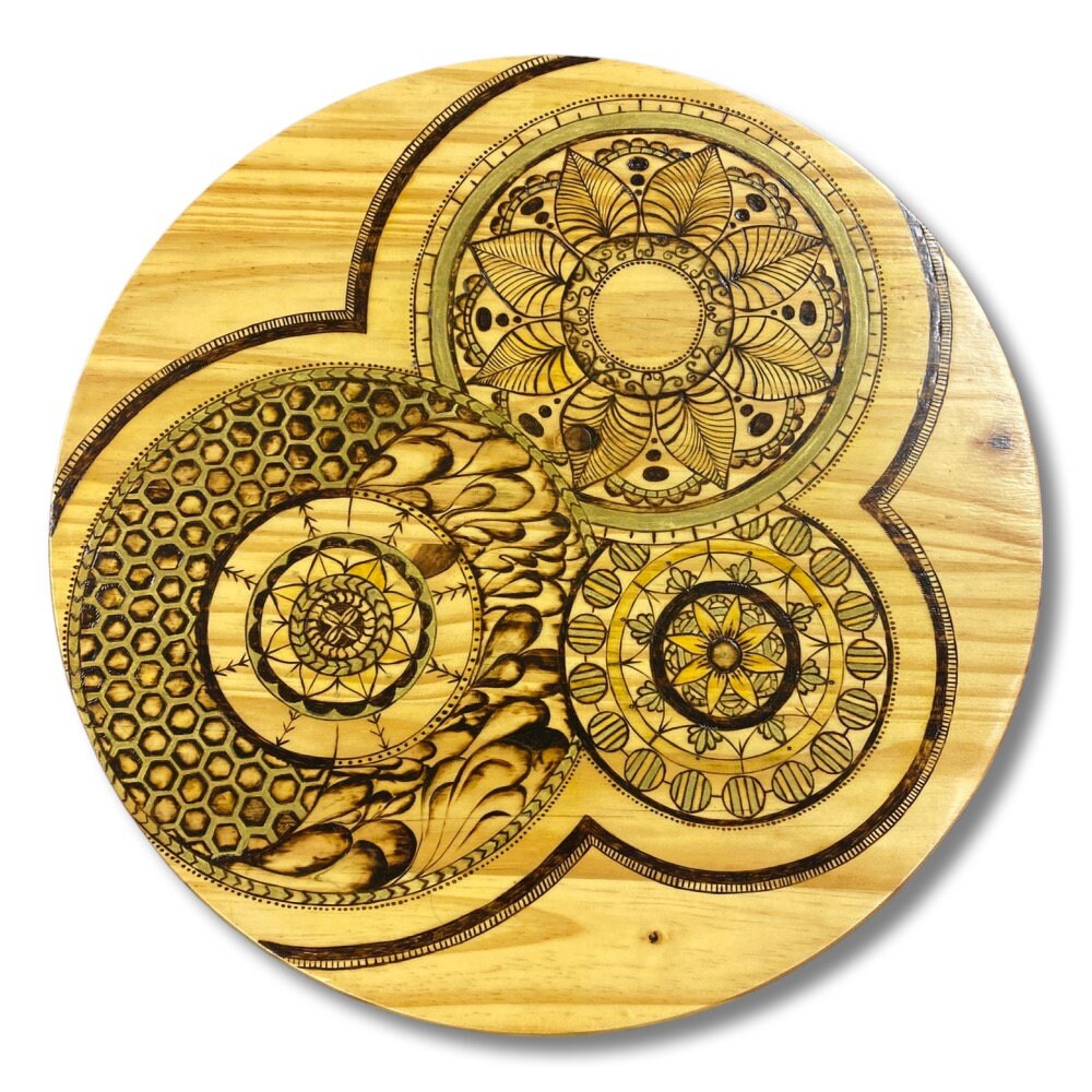 Round End Table - Wood Burned, Pyrography Mandala Design, Honeycomb - Etsy
