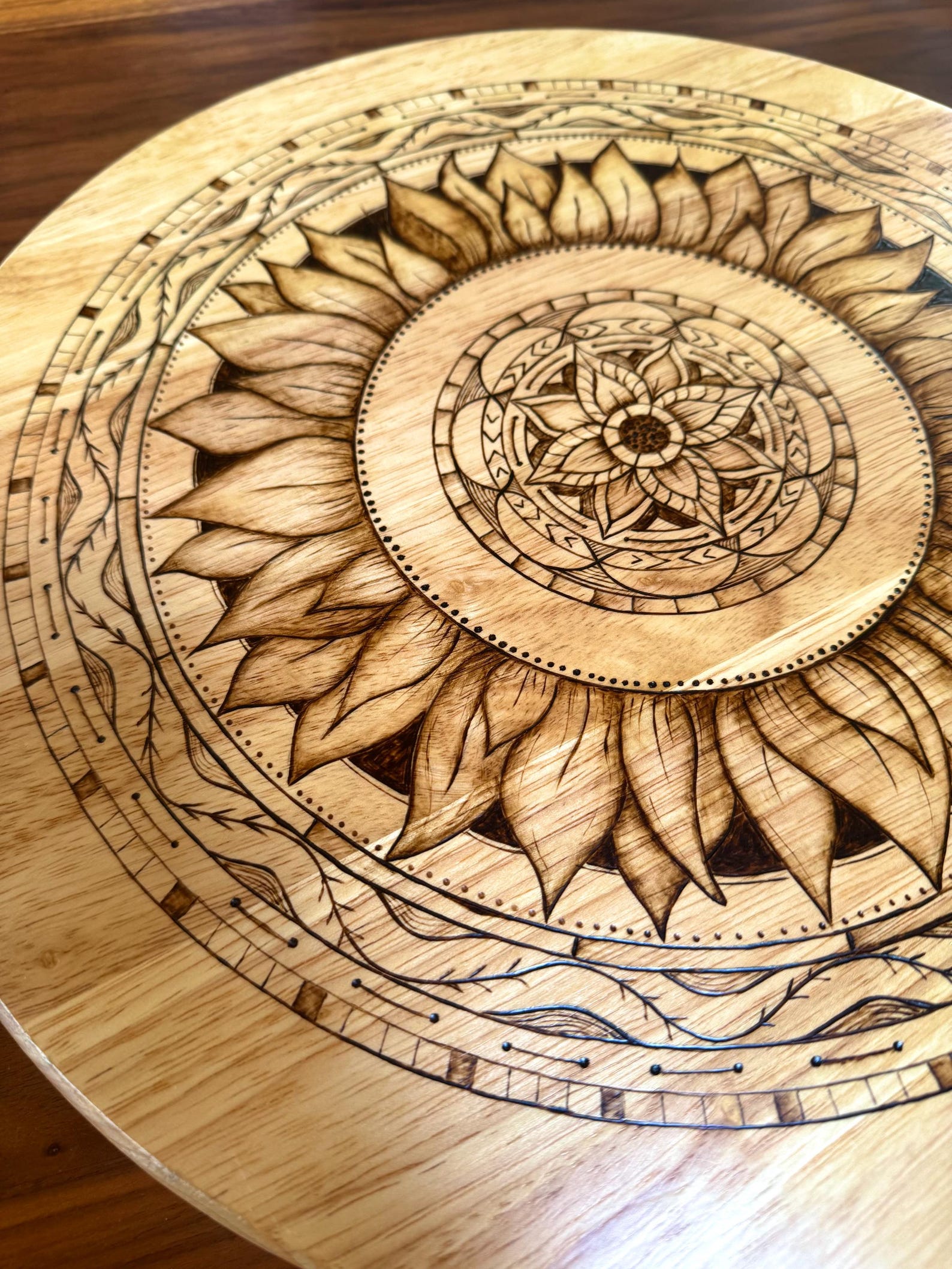 Handcrafted Lazy Susan | Wood Burned Sunflower Mandala Design ...