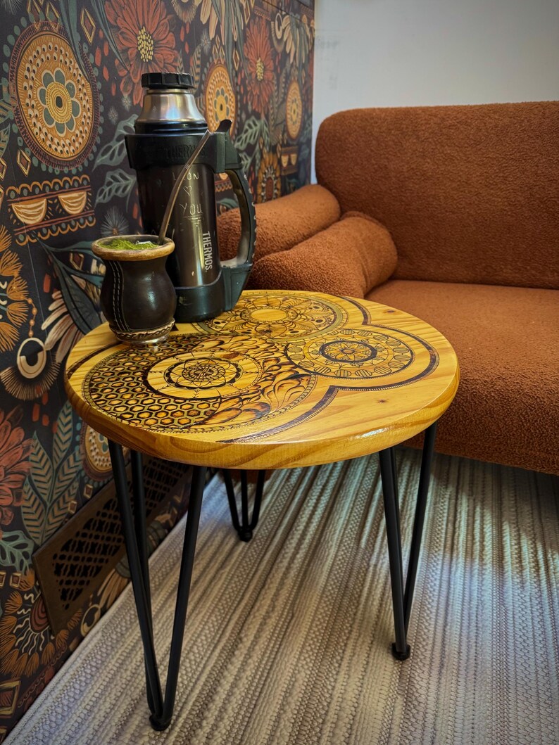 Round End Table - Wood Burned, Pyrography Mandala Design, Honeycomb - Etsy