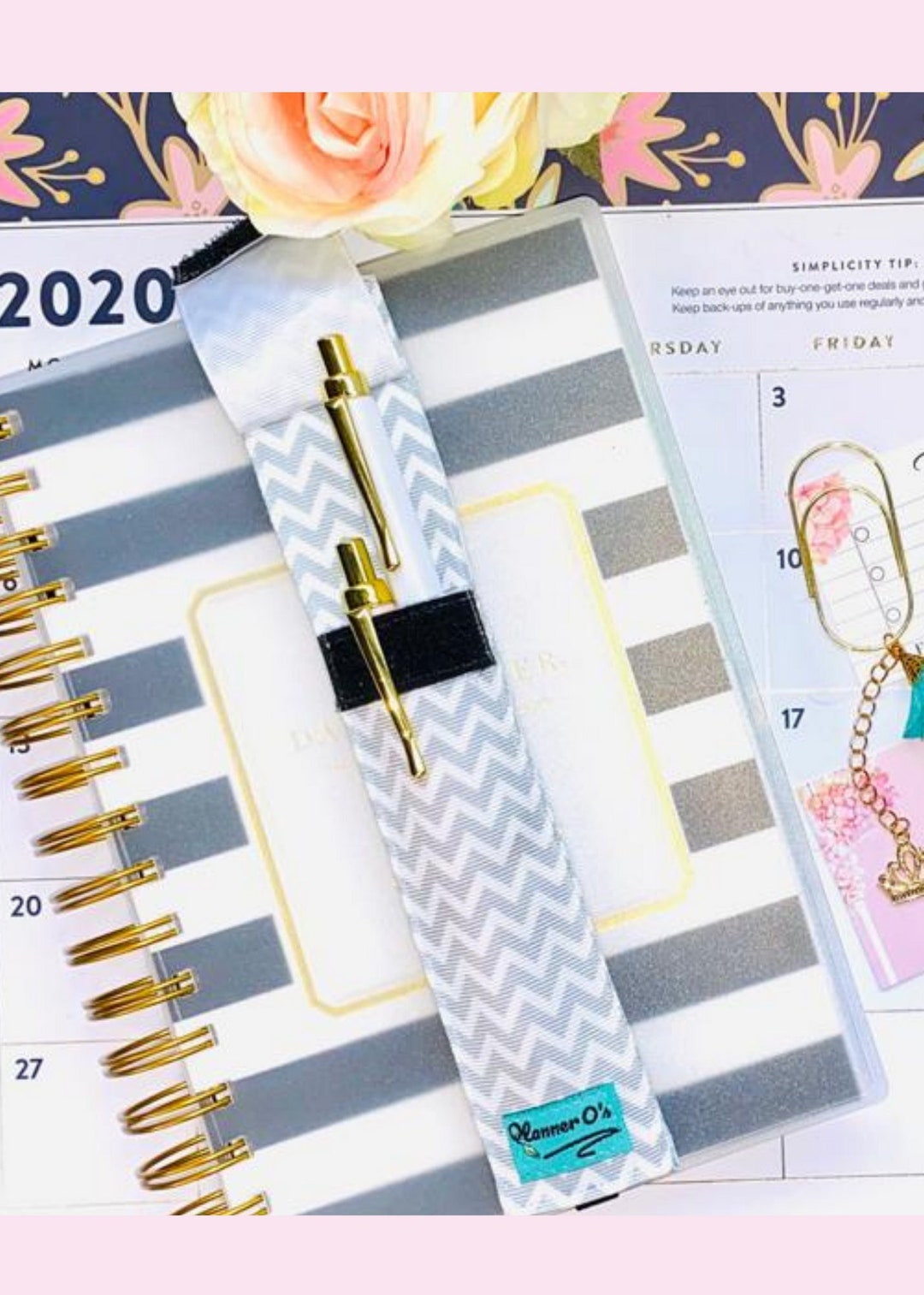 4 Grey Chevron Planner Pen Holder | Adjustable Elastic Band | Fits Most ...