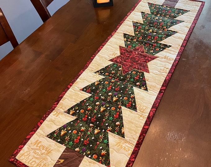 Ornamental Christmas Tree Quilted Table Runner - Fir Tree, Christmas ...