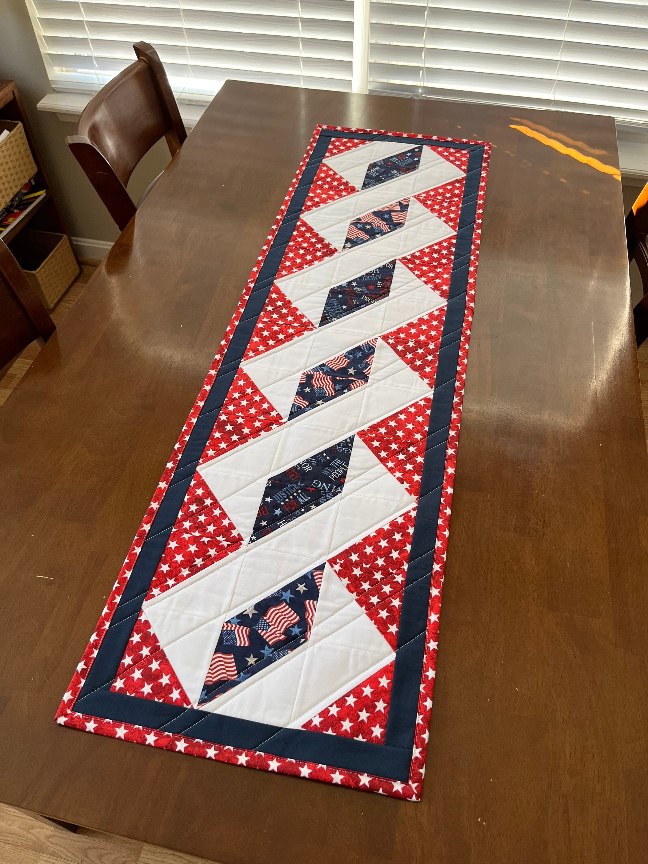 America Patriotic Quilted Table Runner - 48" Long - Red, White & Blue ...