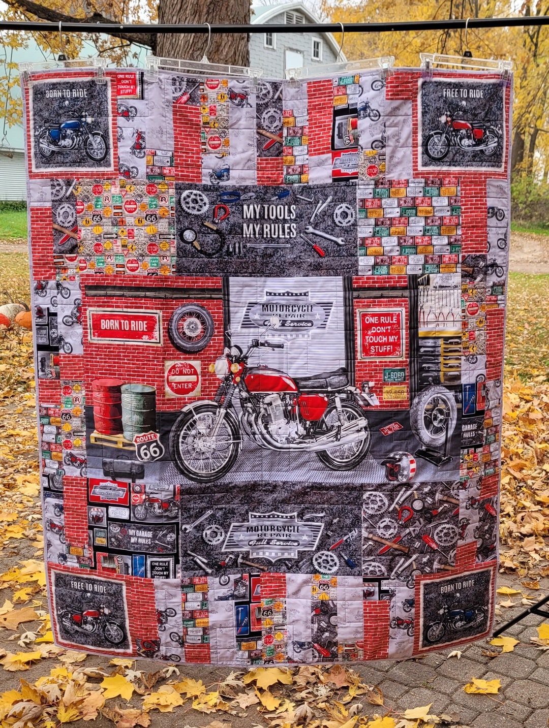 Motorcycle Finished Quilt 55x66. My Tools My Rules Fabric by Henry ...
