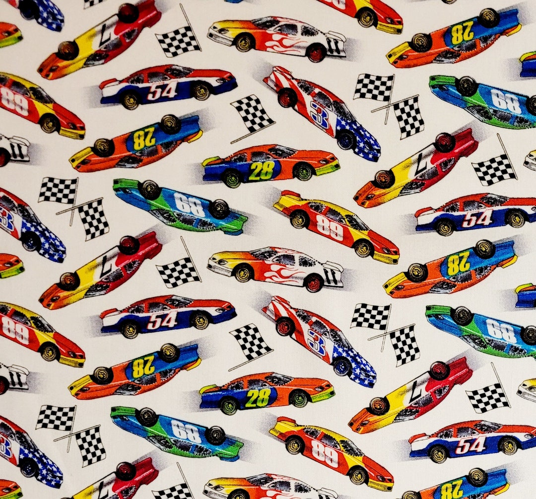 Race Cars, Children's Fabric by Elizabeth's Studio. White Background ...