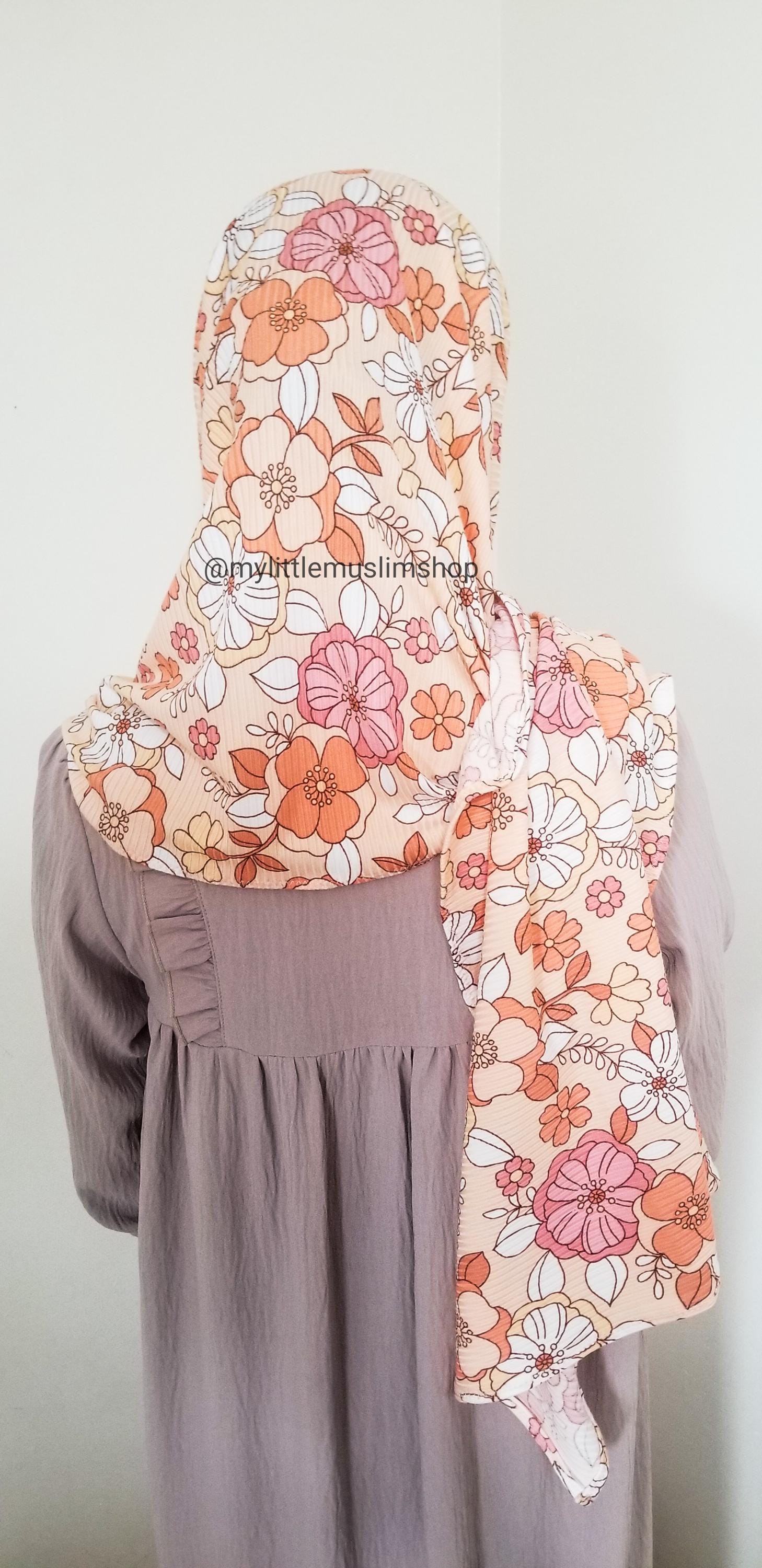 Girls' Floral Ribbed Knit Hijab: Instant Muslim Scarf, Ages 5-10 - Etsy