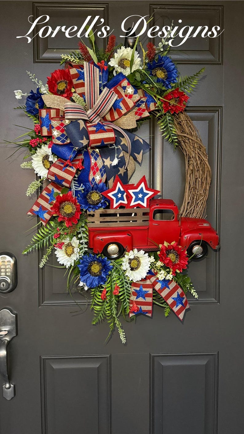 Patriotic Sunflower and Red Truck Grapevine Wreath, Sunflower Wreath ...